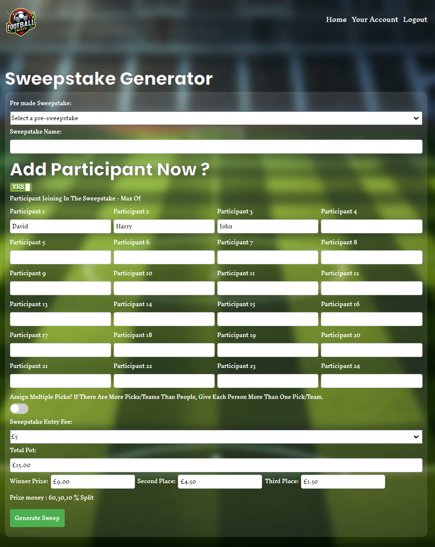 FootballSweeps - Football Sweepstakes online